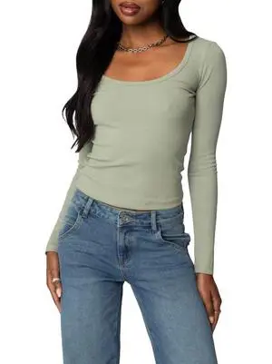 EDIKTED Makenna Ribbed Scoop Neck Top - Green