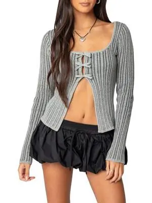 EDIKTED Bow Cutout Ribbed Sweater - Gray