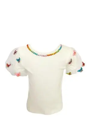 LOLA + THE BOYS 3-d Rainbow Butterflies Puff-sleeve T-shirt - White