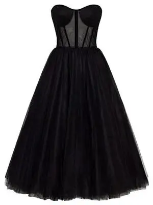 MILLA Strapless Puffy Midi Tulle Dress - Black