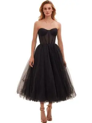MILLA Strapless Tulle Midi Dress - Black