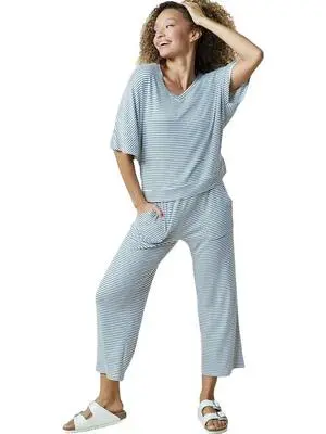 SOFTIES Dream Jersey Relaxed V-neck Capri Lounge Set - Indigo-white Stripe