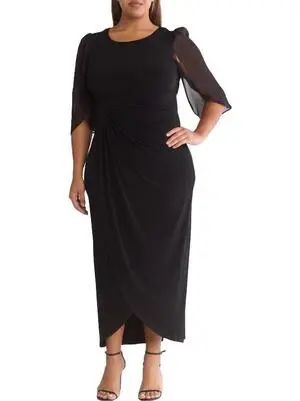 CONNECTED APPAREL Cape Sleeve Faux Wrap Dress - Black