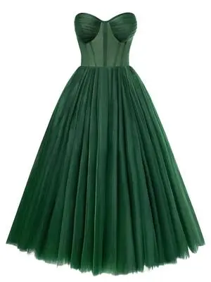 MILLA Strapless Puffy Midi Tulle Dress - Emerald Green