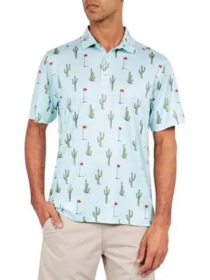 CON.STRUCT Regular Fit Cactus Print Recycled Performance Golf Polo - Aqua