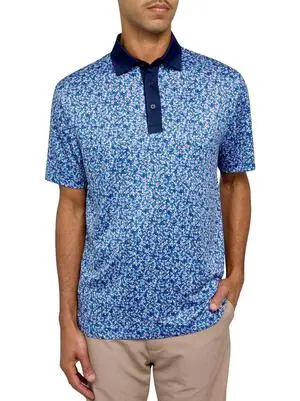 CON.STRUCT Regular Fit Micro Floral Print Recycled Performance Golf Polo - White/blue