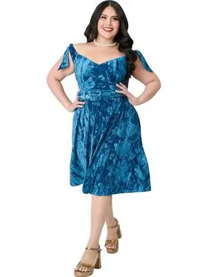 Unique Vintage Velvet Prairie Swing Dress - Navy