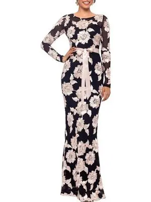 Betsy & Adam Floral Appliqué Long Sleeve Gown - Black/ Champagne