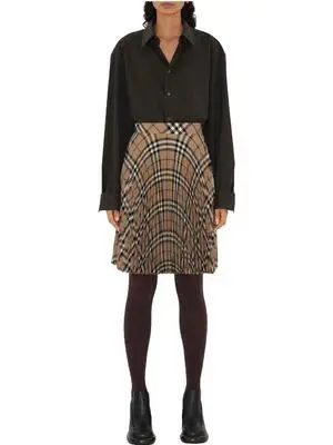 Burberry Pleated Check Wool Blend Skirt - Linden