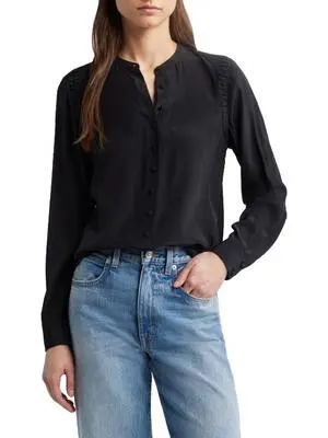 FRAME Band Collar Silk Button-up Shirt - Black