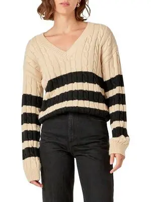 English Factory Stripe Cable Stitch Pullover Sweater - Beige/black