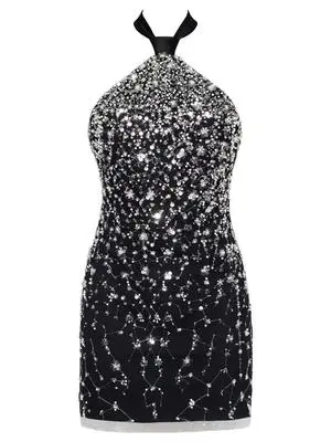 MILLA Striking Halterneck Crystal-embellished Mini Dress - Black
