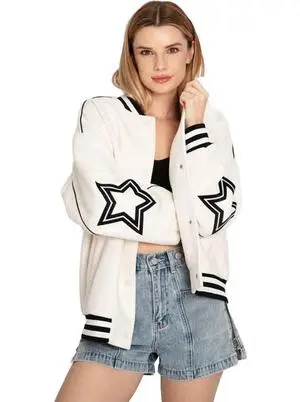 BELLE & BLOOM Hold Me Close" Letterman Bomber Jacket - White
