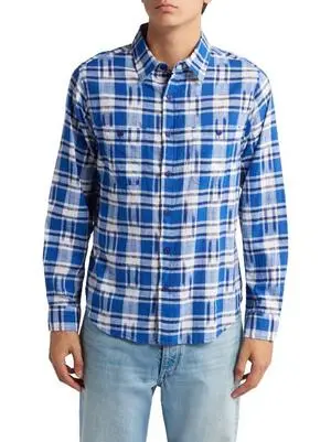 SCHOTT Ikat Plaid Button-up Shirt - Blue