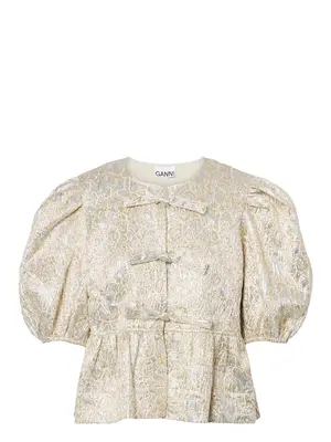 GANNI Brocade Puff-sleeve Top - Metallic