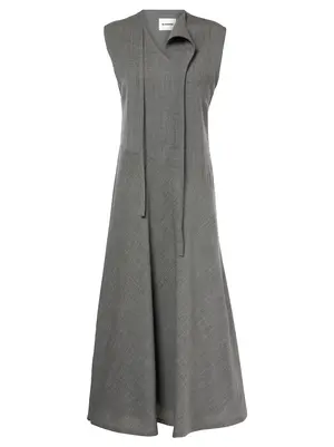 JIL SANDER Tie-neck Virgin Wool Canvas Midi Dress - Grey