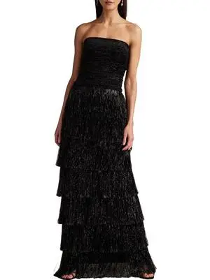 Tadashi Shoji Strapless Metallic Fringe Gown - Black