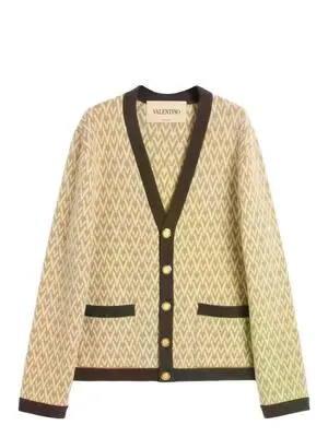 Valentino Garavani Valentino Garavani Toute La V Jacquard Wool Cardigan Neutrals