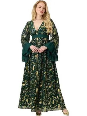 Unique Vintage Long Sleeve Empire Waist Maxi Dress - Green & Gold