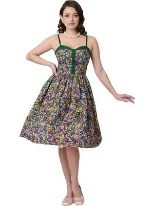 Unique Vintage 1950s Sleeveless Swing Dress - Green Ditzy Floral Print