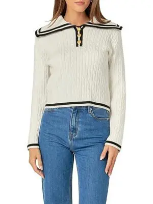 English Factory Sailor Stripe Cable Knit Sweater - Off White