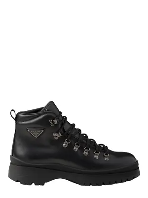 Prada Brixxen Triangle-plaque Leather Ankle Boots - Black