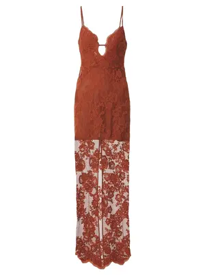SELF-PORTRAIT Sheer Lace Maxi Dress - Brown