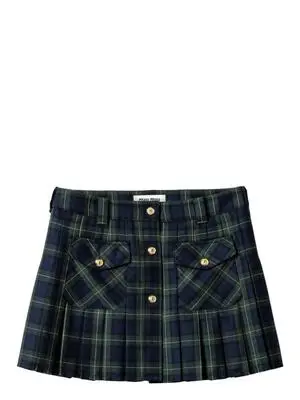 Miu Miu Pleated Tartan Miniskirt - Military Green