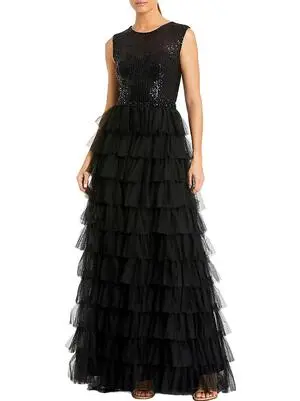 Mac Duggal Sequin Ruffle Tiered Gown - Black