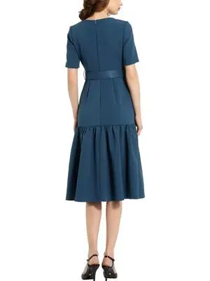 Mac Duggal Belted Crepe Midi Dress With Pockets - Deep Blue