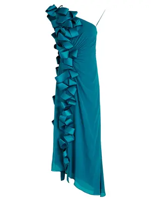 Badgley Mischka One-shoulder Bow-detailed Draped Georgette Gown - Teal