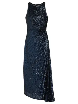 Badgley Mischka Wrap-effect Sequined Midi Dress - Midnight Blue