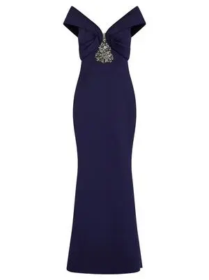 Badgley Mischka Embellished Draped Scuba Gown - Navy