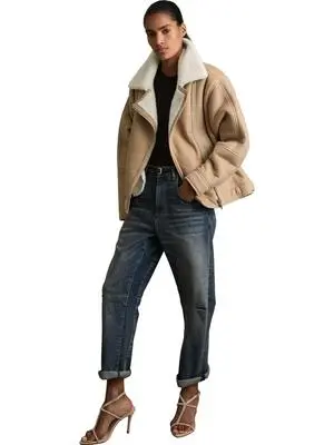REISS Mona Shearling-lined Leather Aviator Jacket - Neutral