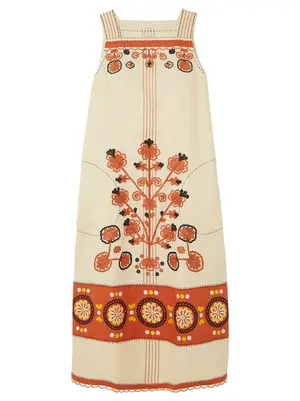 Vita Kin Ulya Embroidered Linen Midi Dress - Red