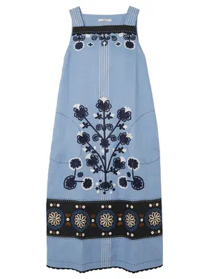 Vita Kin Ulya Embroidered Linen Midi Dress - Blue
