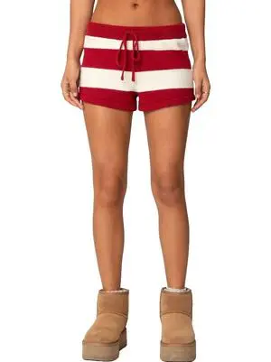 EDIKTED Riley Stripe Knit Shorts - Burgundy-and-cream