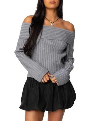 EDIKTED Brandy Off The Shoulder Rib Sweater - Dark-gray