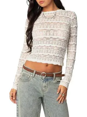 EDIKTED Daisey Textured Sheer Lace Crop Top - Cream