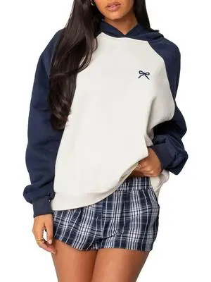 EDIKTED Bow Embroidery Oversized Colorblock Hoodie - Navy-and-cream