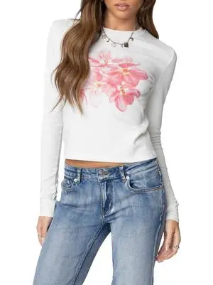 EDIKTED Blossom Long Sleeve Stretch Cotton T-shirt - White