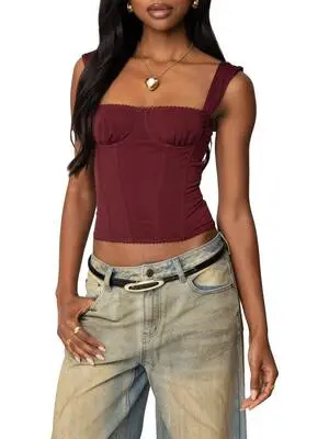EDIKTED Marcella Mesh Corset Tank Top - Burgundy
