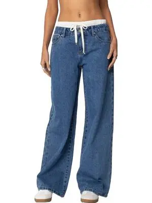 EDIKTED Drawstring Waist Wide Leg Jeans - Blue