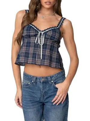 EDIKTED Plaid Lace Trim Crop Camisole - Navy