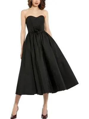 Mac Duggal Faille A-line Midi Dress With 3d Rose - Black