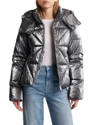 Sam Edelman Shiny Crop Puffer Jacket - Pewter