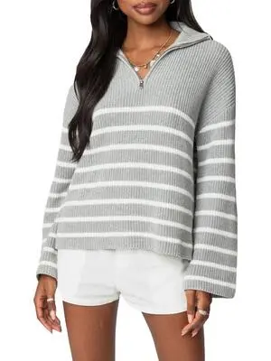 EDIKTED Stripe Quarter-zip Cotton Sweater - Gray-melange
