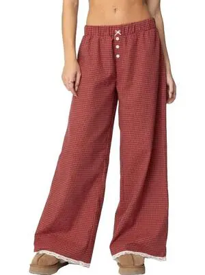 EDIKTED Dakota Plaid Wide Leg Pants - Red