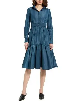 Mac Duggal Faille Long Sleeve Belted Midi Dress - Deep Blue