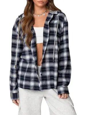 EDIKTED EDIKTED Plaid Cotton Blend Flannel Button-Up Hoodie